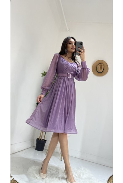 Sare Butik Lila Kemer Detay Simli Tül Abiye Elbise Sare Butik Lila Kemer Detay Simli Tül Abiye Elbise