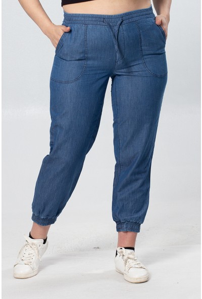 Truva Xxl Büyük Beden Kadın Giyim Tensel Kot Kargo Pantolon Mavi PN257