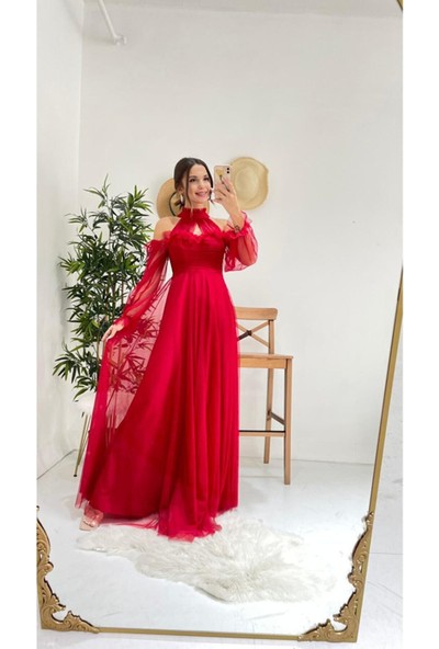 Sare Butik Kırmızı Tül Uzun Abiye Elbise Sare Butik Kırmızı Tül Uzun Abiye Elbise