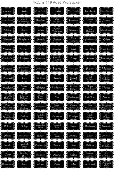 Kutu Ambalaj Baharat, Bakliyat, Kuruyemiş Kavanoz Etiketi 119 Adet - Siyah