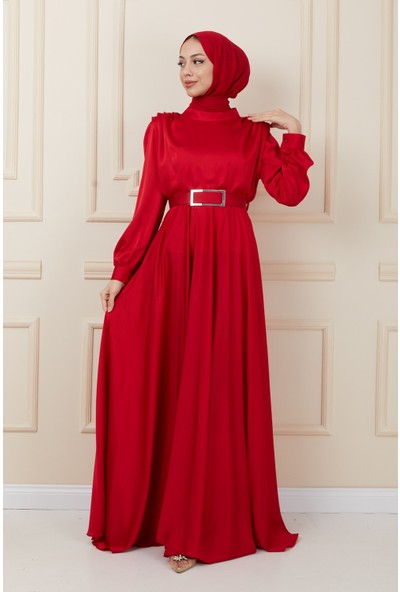 İmaj Butik Omuz Vatkalı Mevlana Saten Tesettür Abiye/kırmızı
