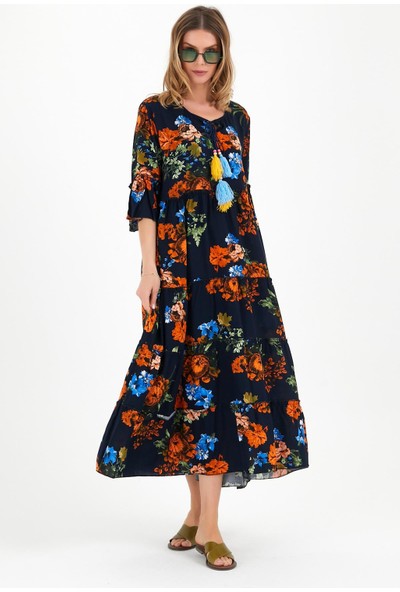 Big Free Büyük Beden RD22YB116003 Kadın Desenli Elbise
