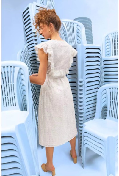 Kameya-Kemer Tokalı Brode Elbise Beyaz