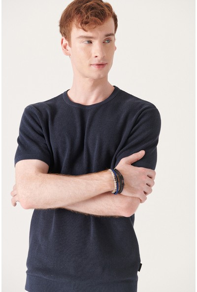 Avva Erkek Lacivert Bisiklet Yaka Jakarlı Kazak E005010