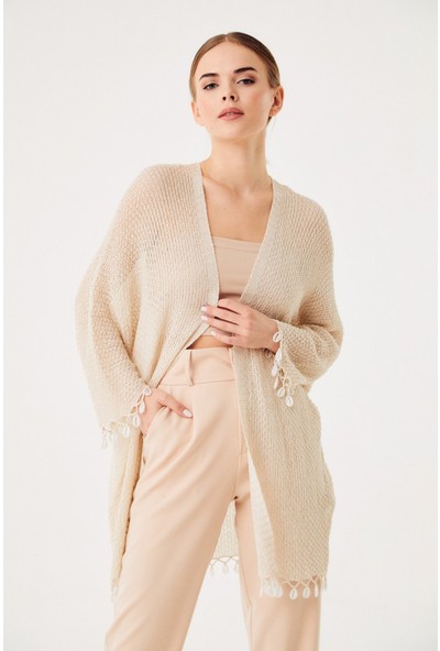 FullaModa Kolları ve Etek Ucu Deniz Kabuklu Salaş Hırka