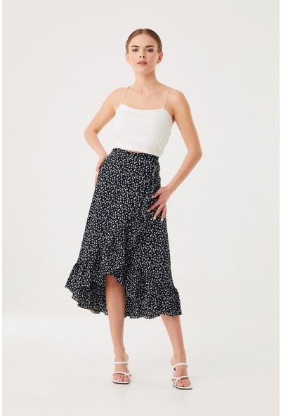 FullaModa Çiçek Desenli Önü Fırfırlı Etek
