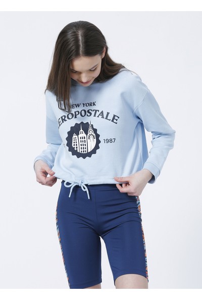 Aeropostale K-Vatikan Bisiklet Yaka Crop Baskılı Mavi Kadın Sweatshirt