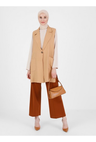 Refka Viskon Kumaşlı Cep Detaylı Yelek - Camel - Refka Woman