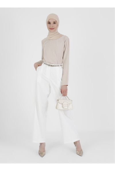 Refka Ütü Izli ve Cepli Kumaş Pantolon - Off White - Refka Woman Refka Ütü Izli ve Cepli Kumaş Pantolon - Off White - Refka Woman
