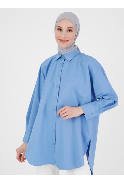 Refka Yanları Yırtmaçlı Oversize Poplin Tunik - Derin Mavi - Refka Basic Refka Yanları Yırtmaçlı Oversize Poplin Tunik - Derin Mavi - Refka Basic
