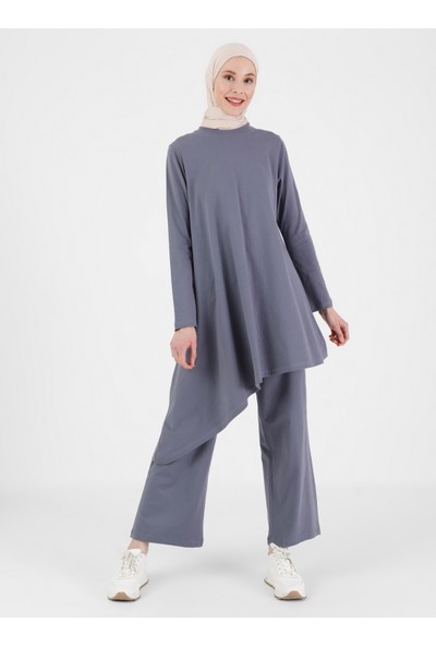 Refka Pamuk Kumaşlı Asimetrik Kesim Tunik&pantolon Ikili Takım - Kirli Mavi - Refka Basic Refka Pamuk Kumaşlı Asimetrik Kesim Tunik&pantolon Ikili Takım - Kirli Mavi - Refka Basic
