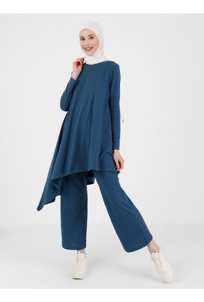 Refka Pamuk Kumaşlı Asimetrik Kesim Tunik&pantolon Ikili Takım - Petrol - Refka Basic Refka Pamuk Kumaşlı Asimetrik Kesim Tunik&pantolon Ikili Takım - Petrol - Refka Basic