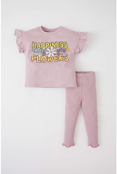 DeFacto Kız Bebek Regular Fit Bisiklet Yaka Baskılı Kısa Kollu Kaşkorse Tişört Tayt Takım X6863A222SM