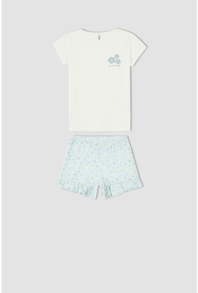 DeFacto Kız Çocuk Regular Fit Baskılı Pamuklu Kısa Kollu Şort Pijama Takım X6407A622SM