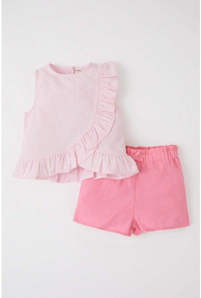 DeFacto Kız Bebek Regular Fit Bisiklet Yaka Kolsuz Keten Görünümlü Kolsuz Bluz Şort Takım X6158A222SM