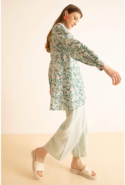 DeFacto Regular Fit Gömlek Yaka Çiçekli Uzun Kollu Tunik X7136AZ22SM