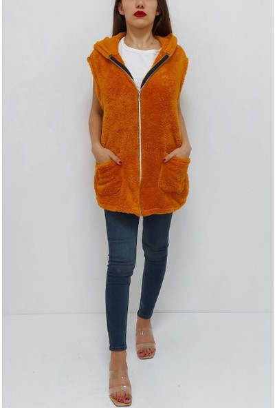 Kapüşonlu Cepli Peluş Yelek Kiremit Kapüşonlu Cepli Peluş Yelek Kiremit