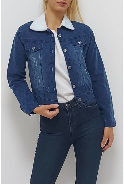 Luwi Shopping Yakası Peluş Kot Ceket Mavi