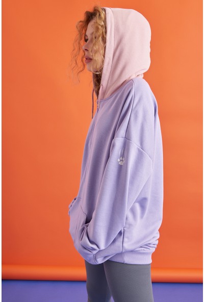 Ruf & Ruf Lila Kapüşonlu Fermuarlı Oversize Kadın Sweatshirt