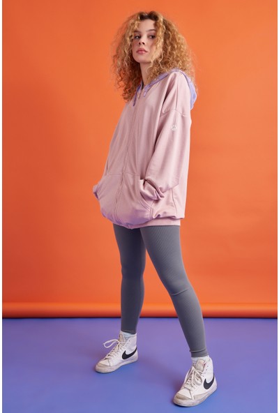 Ruf & Ruf Pembe Kapüşonlu Fermuarlı Oversize Kadın Sweatshirt