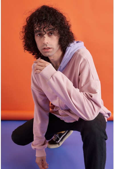 Ruf & Ruf Pembe Kapüşonlu Fermuarlı Oversize Erkek Sweatshirt ﻿﻿