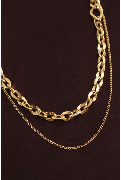 Kırmızı Papyon Çelik Altın Renk Çift Zincirli Kolye Kırmızı Papyon Çelik Altın Renk Çift Zincirli Kolye