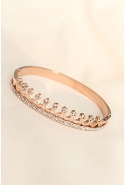 Clariss Çelik Rose Renk Taşlı Taç Detaylı Kelepçe Bilezik