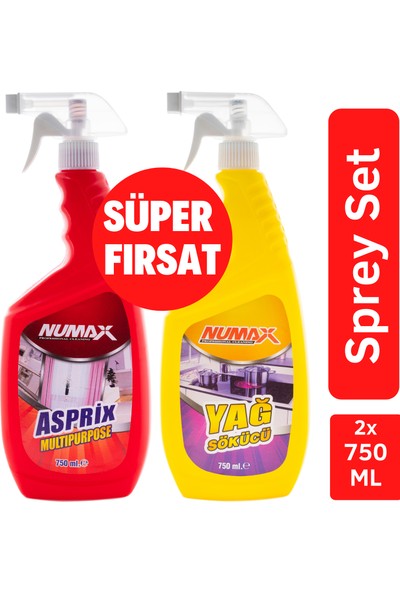 Numax Yağ ve Kir Sökücü Sprey 750 ml + Aspirix Çok Amaçlı Temizlik Sıvısı Sprey 750 ml Numax Yağ ve Kir Sökücü Sprey 750 ml + Aspirix Çok Amaçlı Temizlik Sıvısı Sprey 750 ml