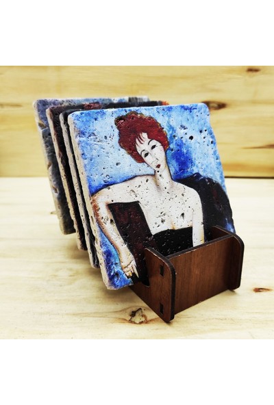 Harikapoli Amedeo Modigliani - Traverten Bardak Altlığı 4'lü Set Standlı