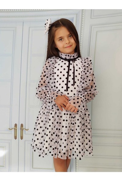 Kız Çocuk Puantiyeli Beyaz Elbise 1017