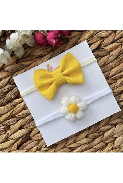 Minnie Kids Kız Bebek Çocuk 2'li Örgü Papatya Sarı Fiyonk Bandana Toka Seti Minnie Kids Kız Bebek Çocuk 2'li Örgü Papatya Sarı Fiyonk Bandana Toka Seti