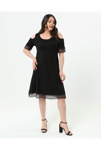 Loope Kadın Büyük Beden Omuz Dekolteli Güpür Detay Elbise