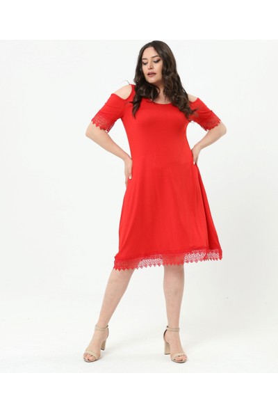 Loope Kadın Büyük Beden Omuz Dekolteli Güpür Detay Elbise