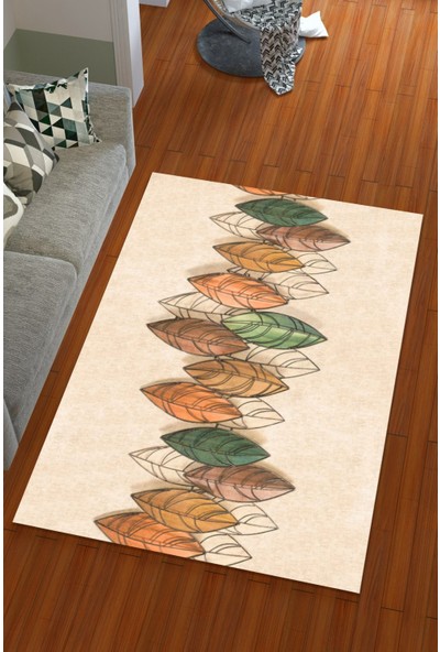 Miray Tekstil İpek Kadife Kahverengi Renkli Yaprak Desen Lastikli Halı Örtüsü