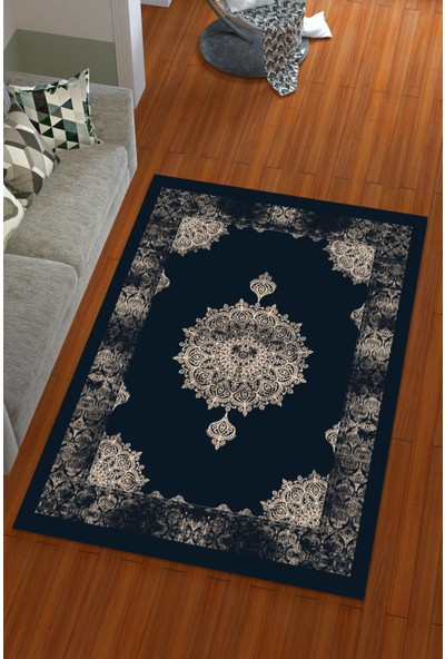 Miray Tekstil İpek Kadife Lacivert Renkli Osmanlı Desen Lastikli Halı Örtüsü