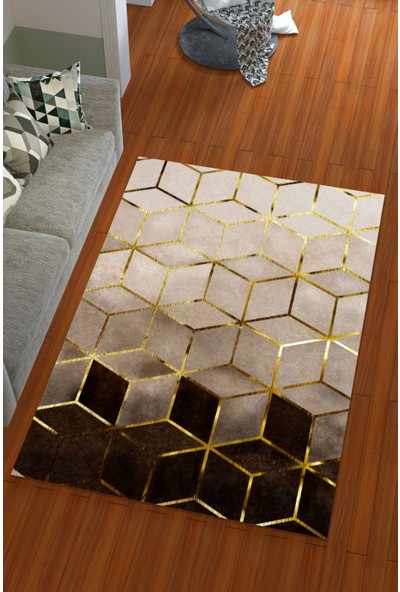 Miray Tekstil İpek Kadife Kahve Krem Renkli Piramit Desen Lastikli Halı Örtüsü
