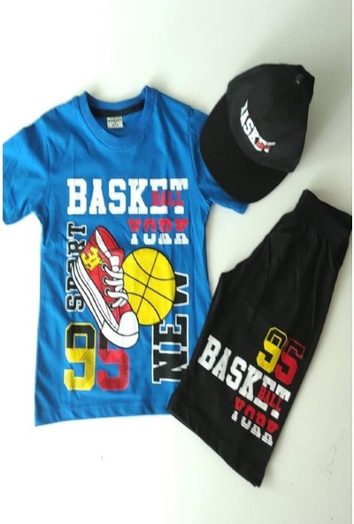 Bebekcee Erkek Çocuk Mavi Basketball Baskılı Şapkalı Üçlü Takım
