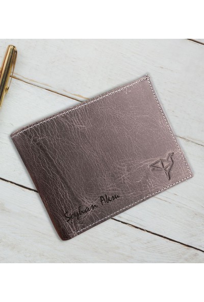 BK Kişiye Özel Isimli Hakiki Deri Gri Erkek Cüzdanı