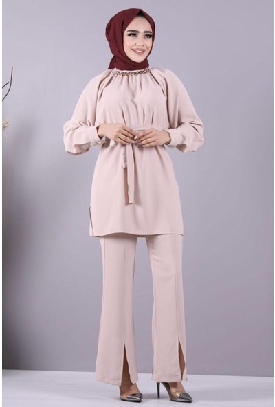 Hewes Pantolonu Yırtmaçlı Zincirli Takım-Bej