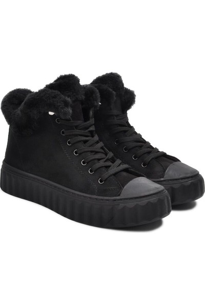 White Line Siyah Süet Kürklü Kadın Sneaker Bot