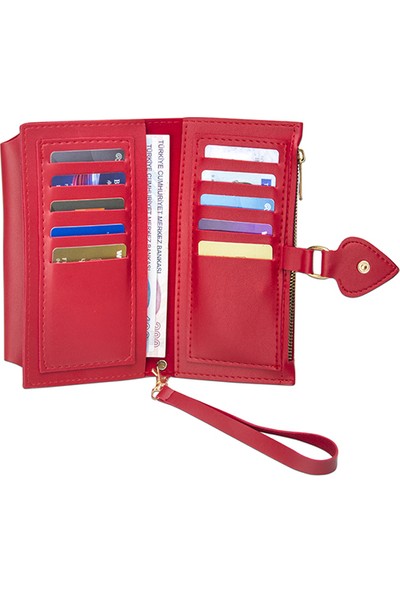 Fotomcity Telefon Bölmeli Kırmızı Renk Kadın Cüzdanı
