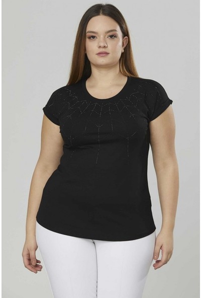 Selen Giyim Büyük Beden Önü Taşlı Düşük Kol Penye Bluz