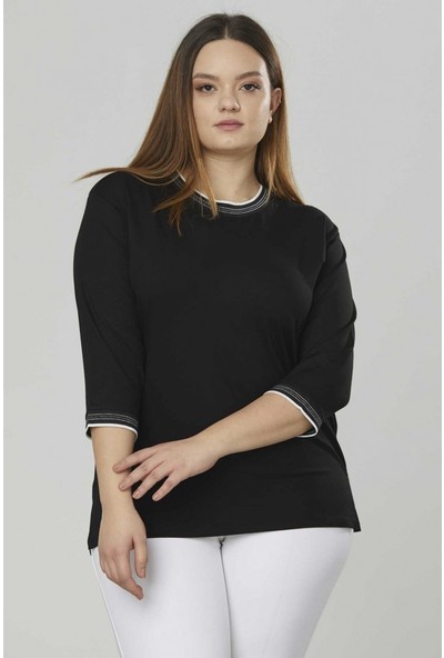 Selen Giyim Büyük Beden Ribanalı Truvakar Kol Penye Bluz