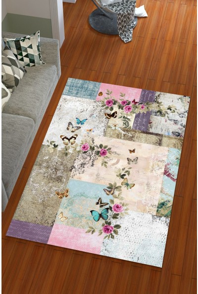 Miray Tekstil Ipek Kadife Pembe Renkli Bahar Desen Lastikli Halı Örtüsü