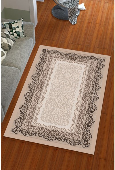 Miray Tekstil Ipek Kadife Gül Kurusu Renkli Çerçeve Desen Lastikli Halı Örtüsü