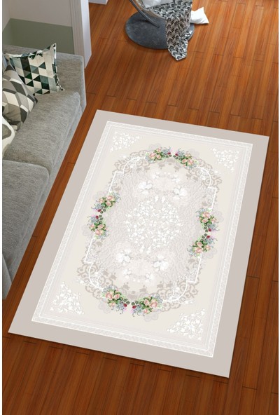 Miray Tekstil Ipek Kadife Gri Renkli Osmanlı Desen Lastikli Halı Örtüsü