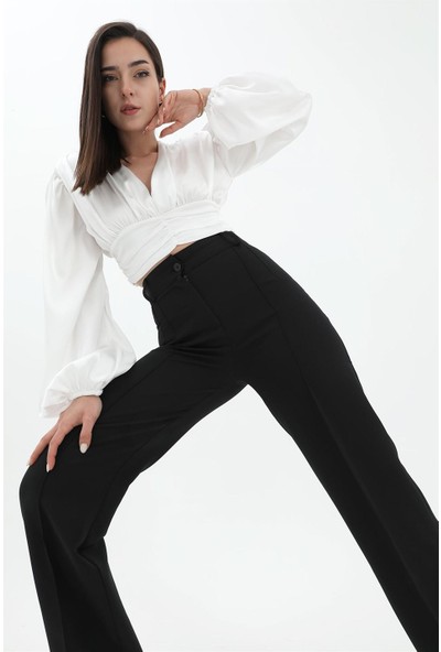 Vapur Önü Çimalı Atlas Kumaş Pantolon - Siyah