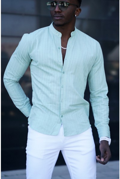 Bikombine Erkek Mint Hakim Yaka Çizgili Normal Kalıp Gömlek