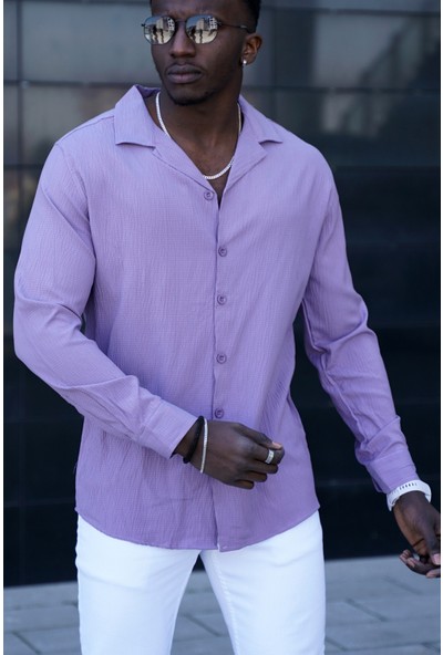 Bikombine Erkek Mor Gofre Kumaş Uzun Kollu Oversize Gömlek
