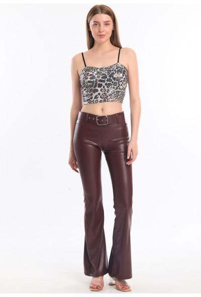 Sense Kemerli Ispanyol Paça Şardonlu Deri Pantolon PNT33313